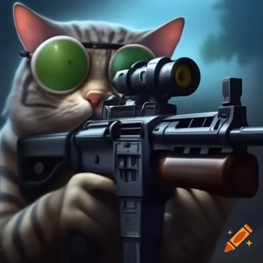 Cat wearing eye patches and shooting machine gun, humorous illustration ...