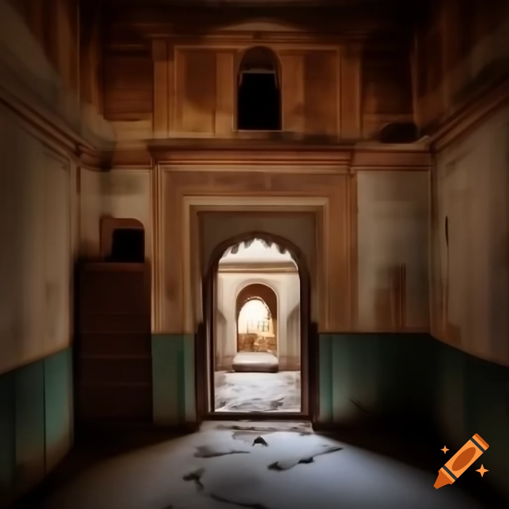 Abandoned South Asian haveli inner passageway with faded walls and dim ...