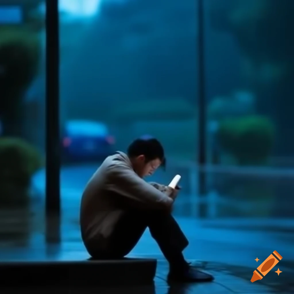 Sad man sitting in the rain with his phone, feeling mocked on Craiyon