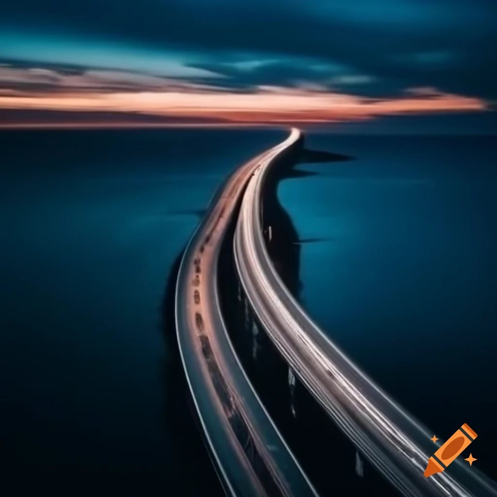 Aerial view of open highway over the sea at night with little traffic ...