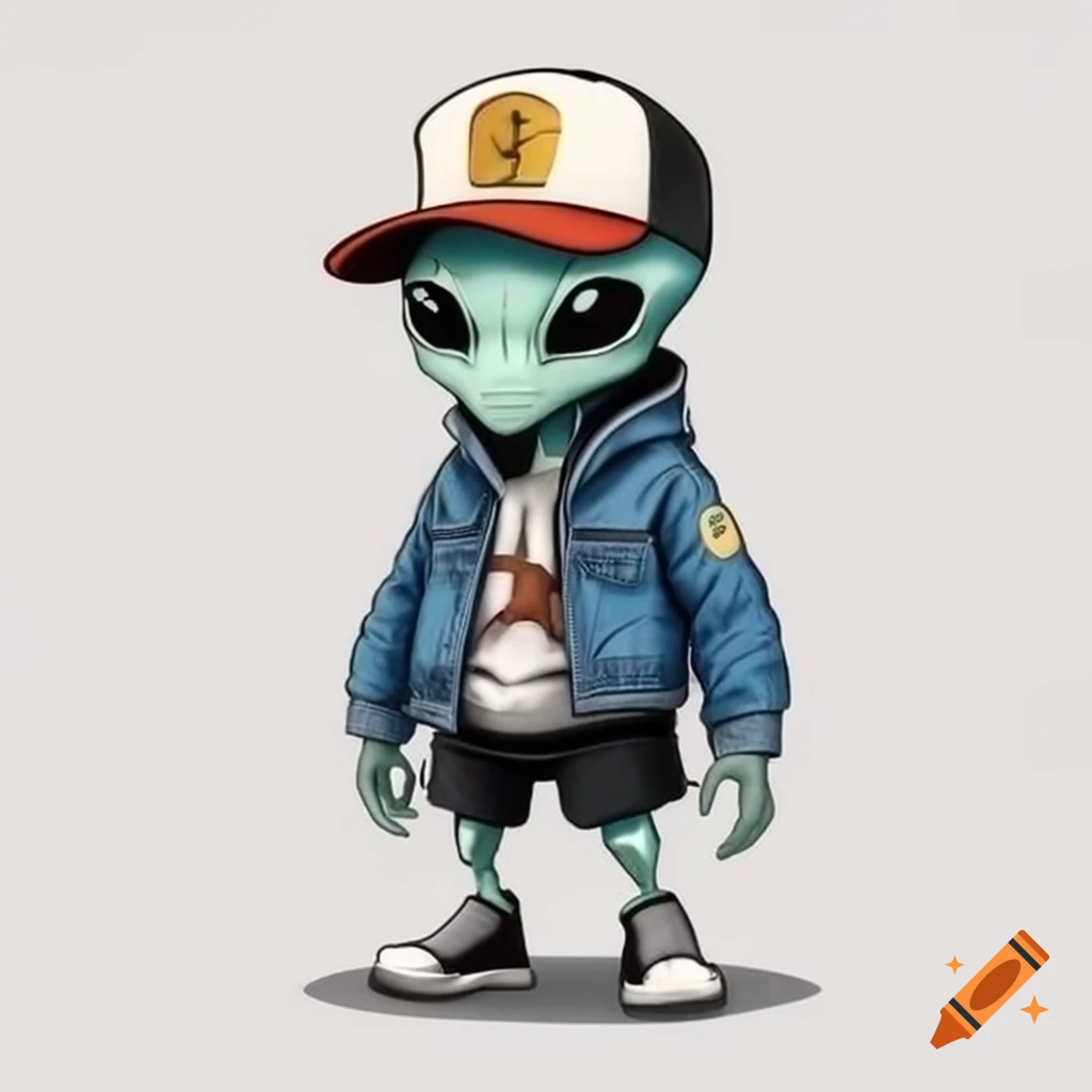 Gray alien dressed in trucker hat and denim jacket with black pants on ...