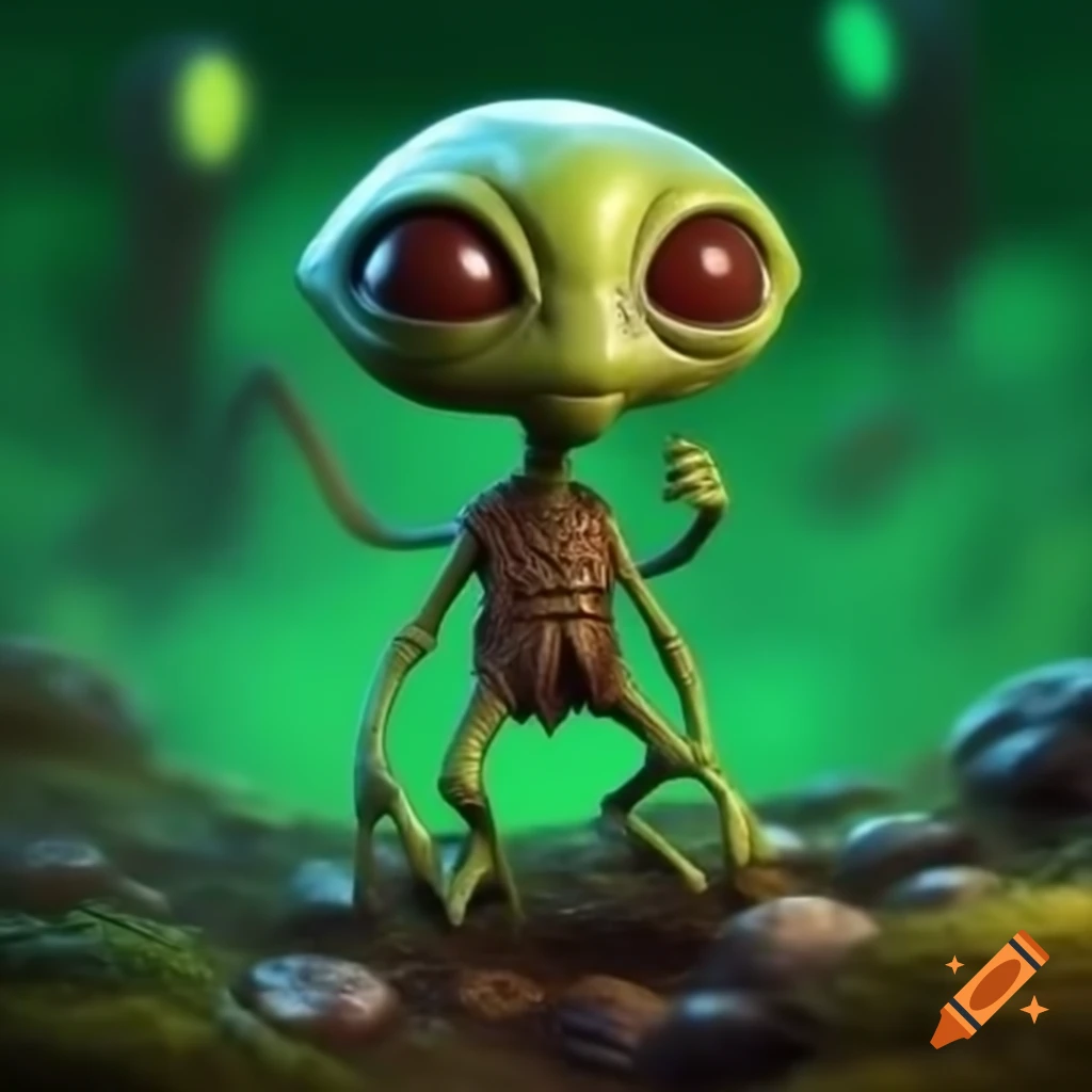 Green alien with four legs, tail, and cheerful antennas, friendly ...