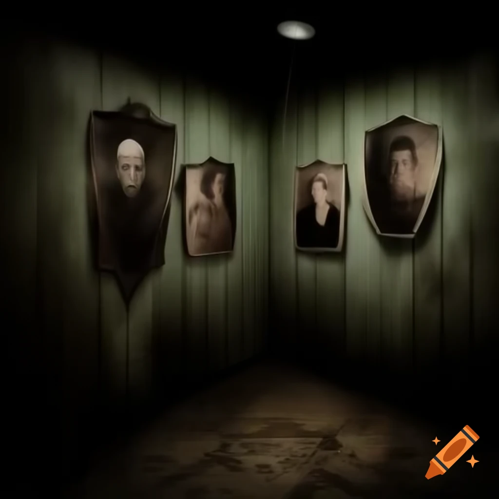 Dark room in haunted house with flashlight highlighting dusty family ...