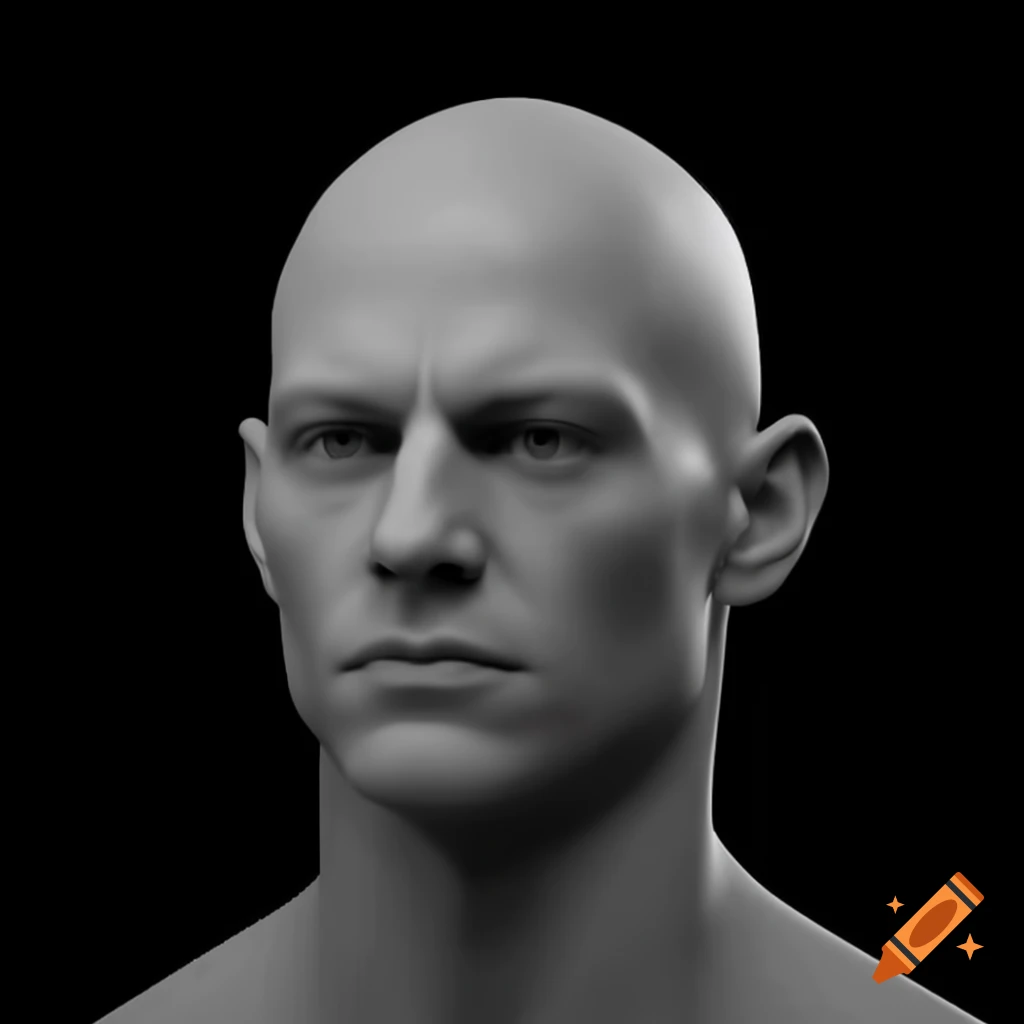 Realistic clay render of attractive bald male head in front and side ...