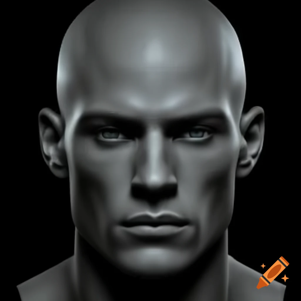 Realistic clay render of attractive bald male head in front and side ...