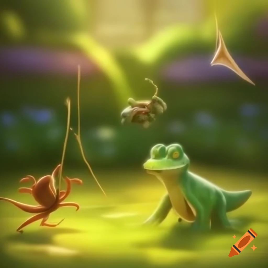 Lizard and spider meeting in peaceful garden with flowers in gentle ...