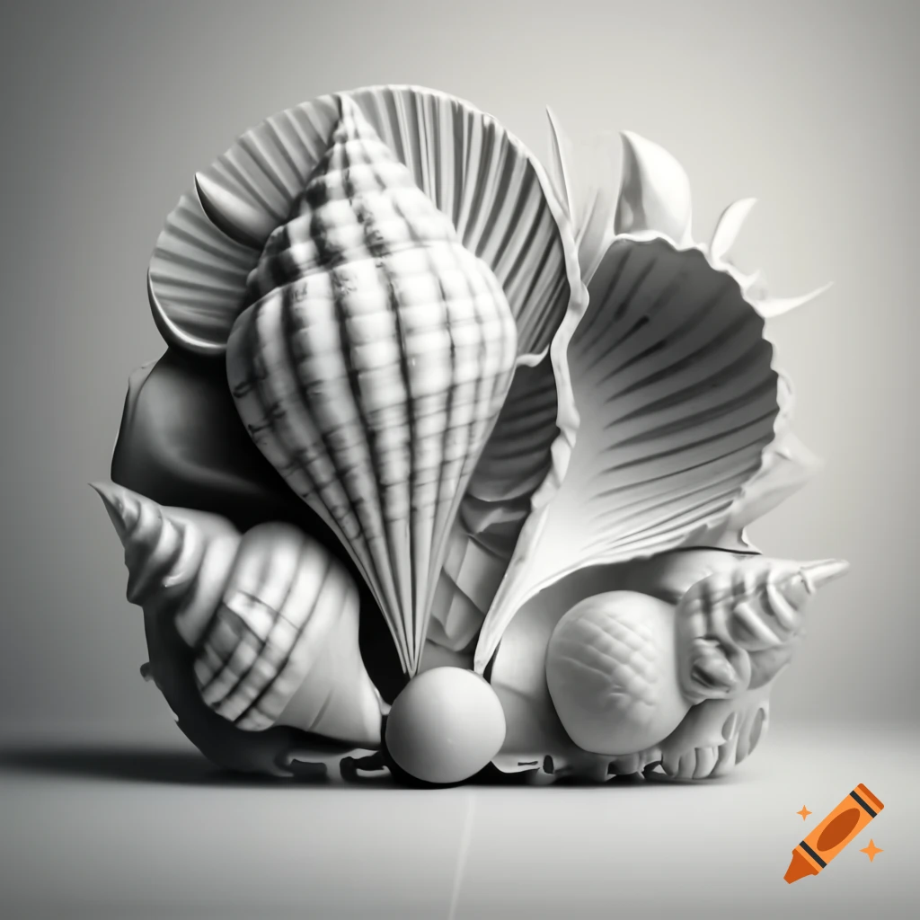 High contrast black and white 3D low relief carving of seashells on Craiyon
