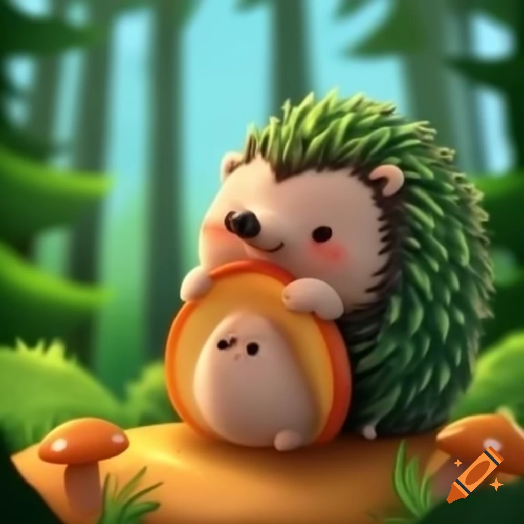 Cartoon green hedgehog in forest chewing mushroom on Craiyon
