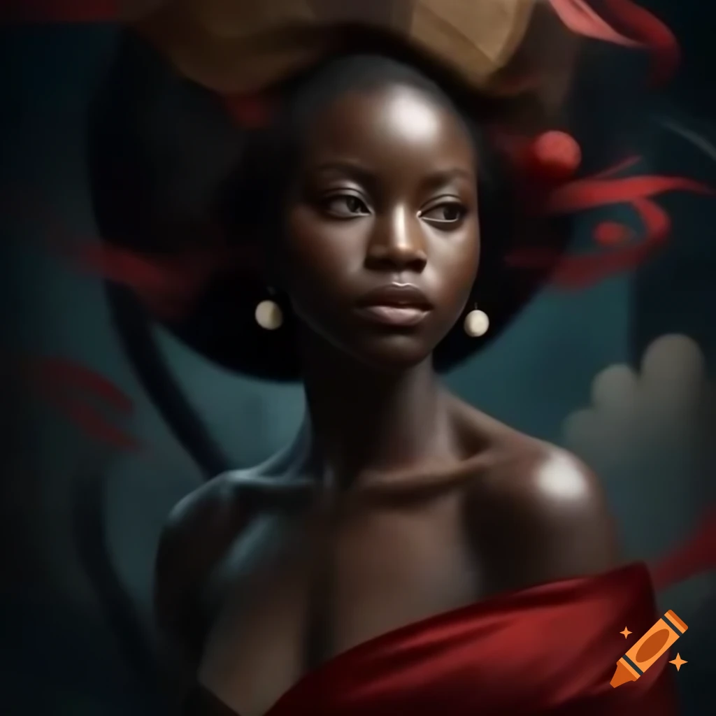 Ebony woman in flowing silk gown under dramatic chiaroscuro lighting on ...