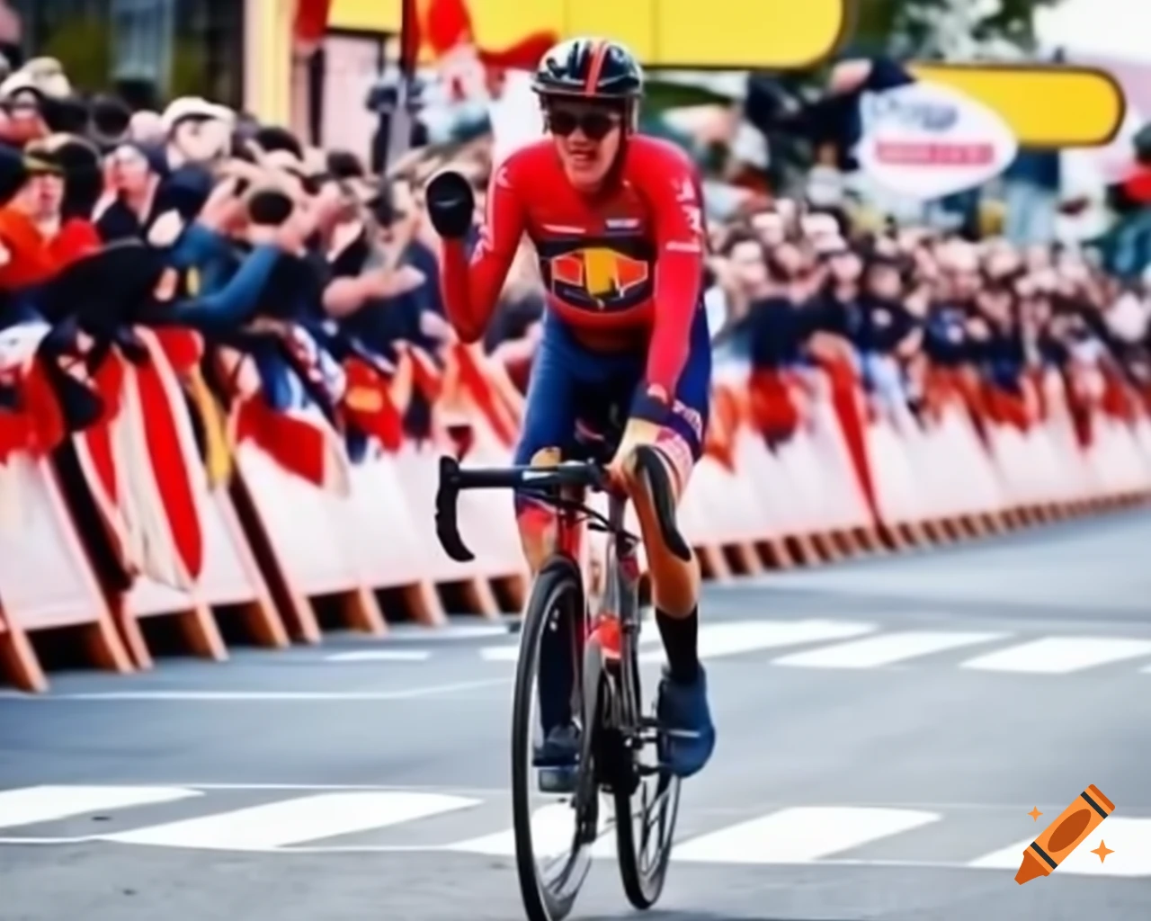 Professional cyclist in Red Bull Bora Hansgrohe outfit sprinting with ...