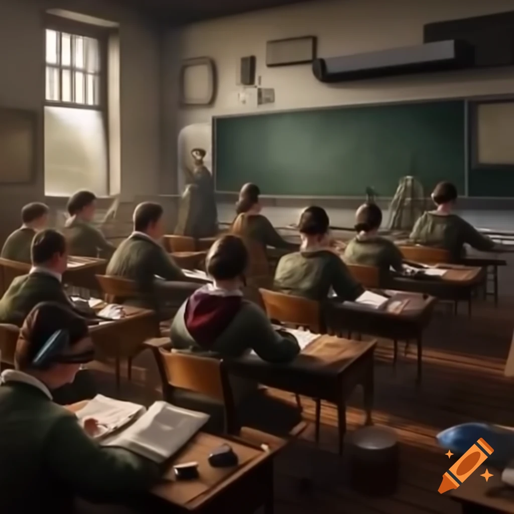 Historical classroom with students learning about Second World War ...