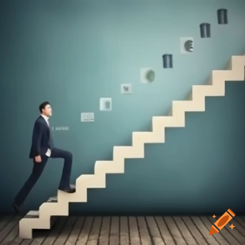 Man ascending seven-step staircase with problem-solving theme on Craiyon