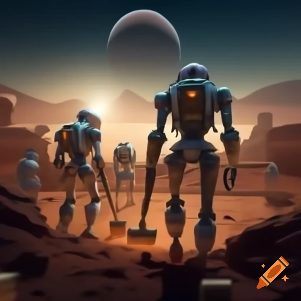 Humanoid robots constructing futuristic base on alien planet on Craiyon
