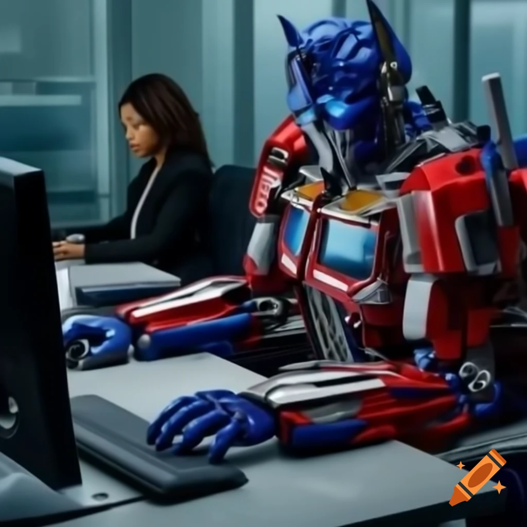 Optimus Prime working at a desk in a cubicle on Craiyon