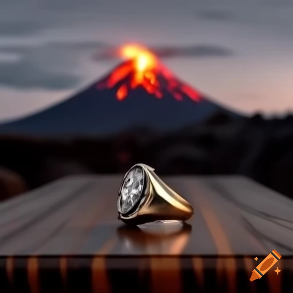 The One Ring from Lord of the Rings on wooden table with erupting ...