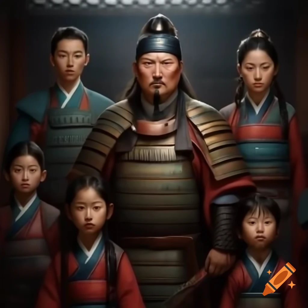 Ancient Korean general bidding farewell to family in traditional house ...