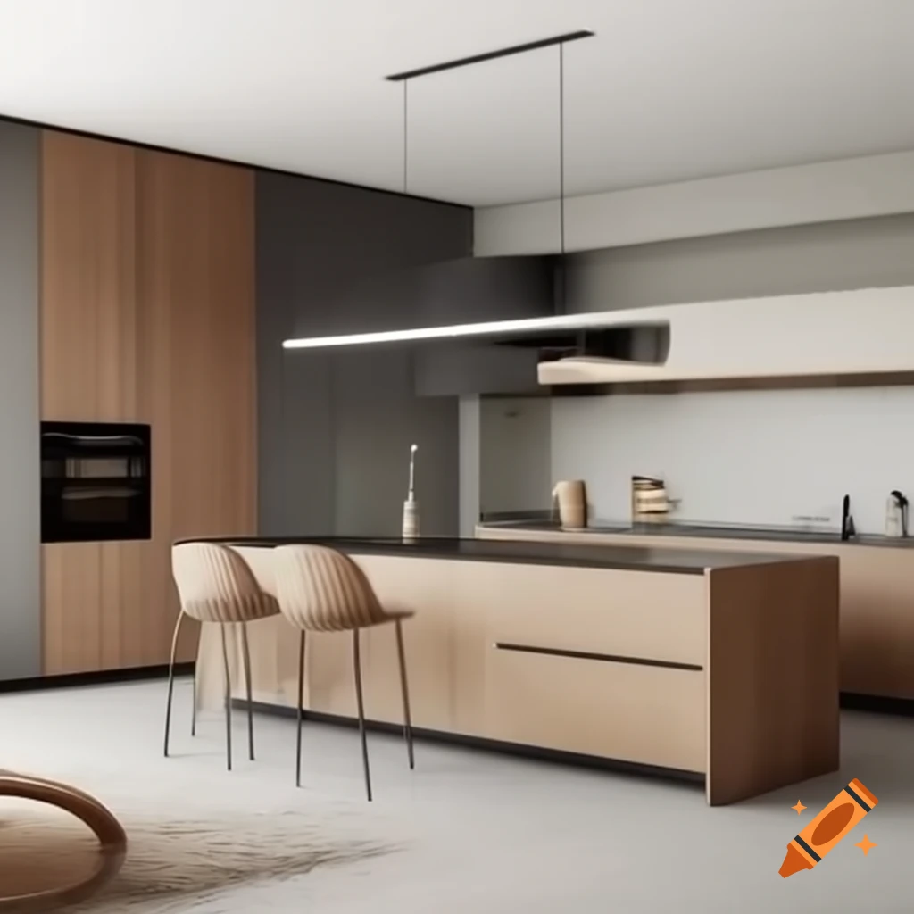 Modern kitchen with central dining table and six seats on Craiyon