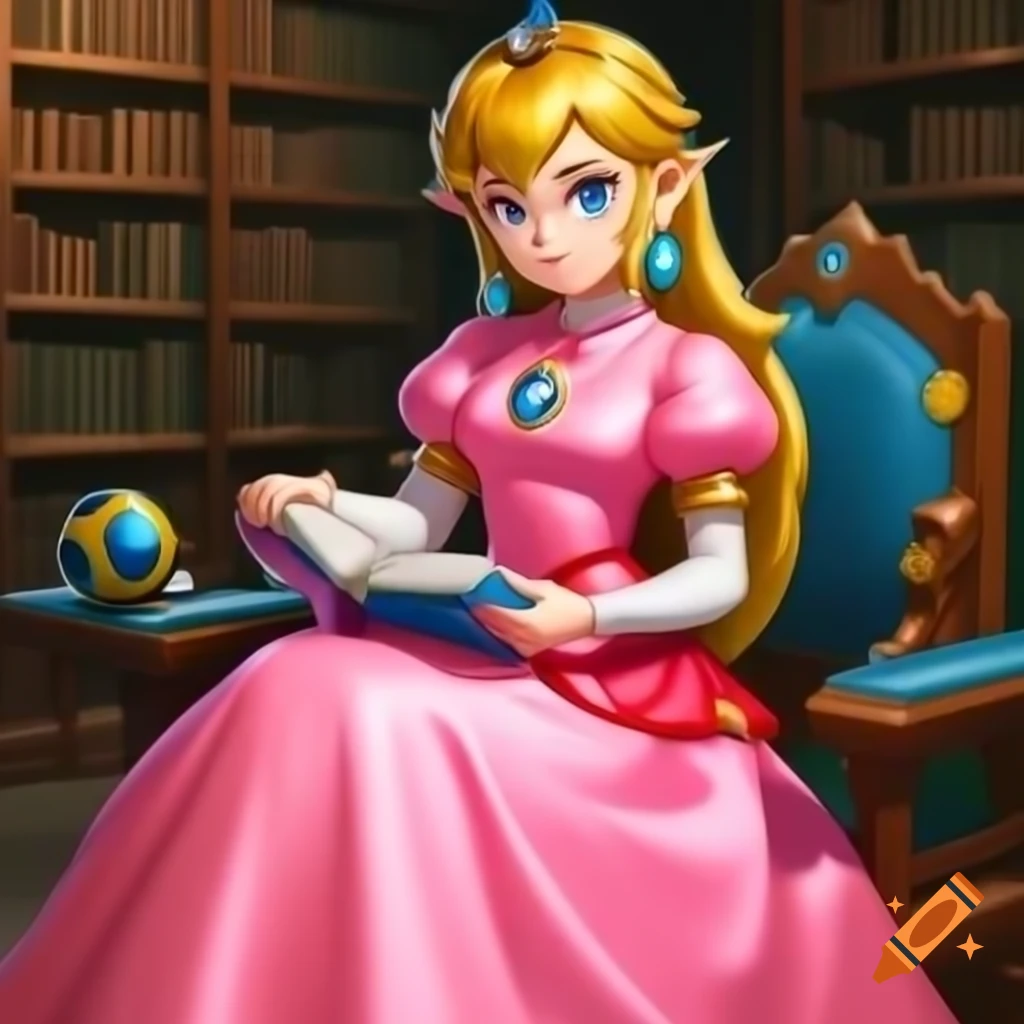 Link in Princess Peach's ballgown writing in castle library, video game ...
