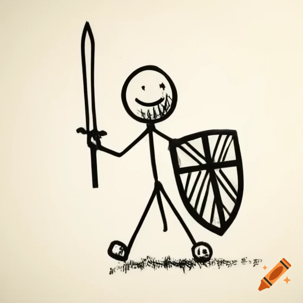 Hand-drawn stickman holding sword and shield on Craiyon