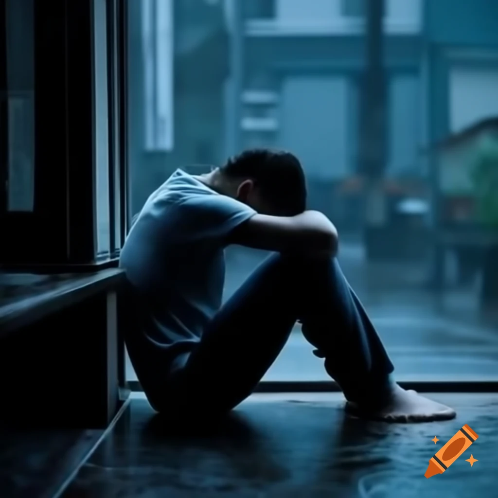 Sad man sitting in the rain with his phone, feeling mocked on Craiyon