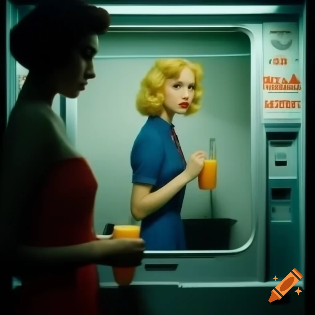 Shrine on ATM with glass candle and blonde female saint in indigo dress holding orange juice, in ...