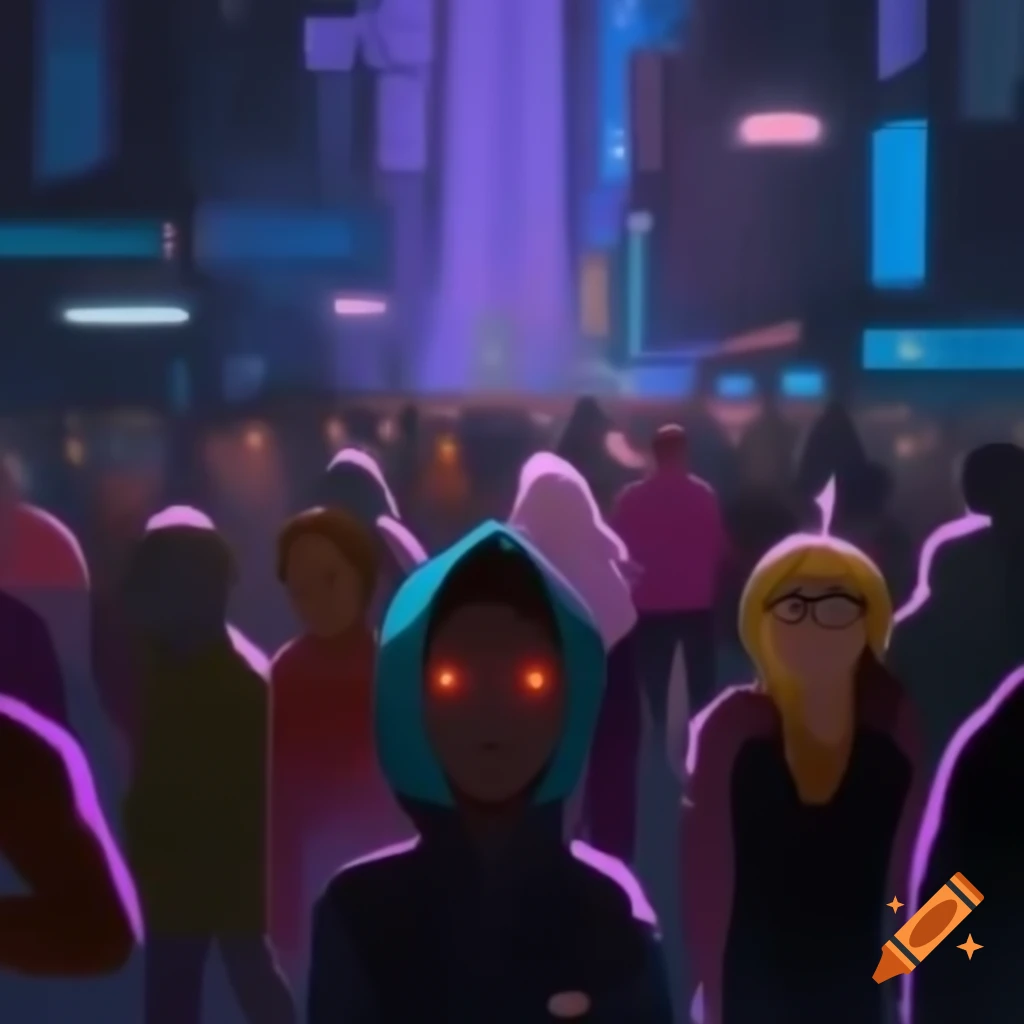 Diverse crowd in futuristic city with glowing eyes and colorful light ...