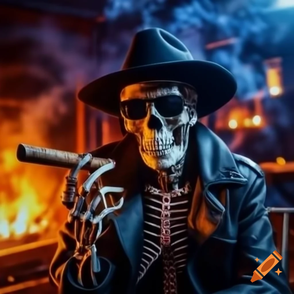 Skeleton wearing black hat and sunglasses at night, smoking cigar ...
