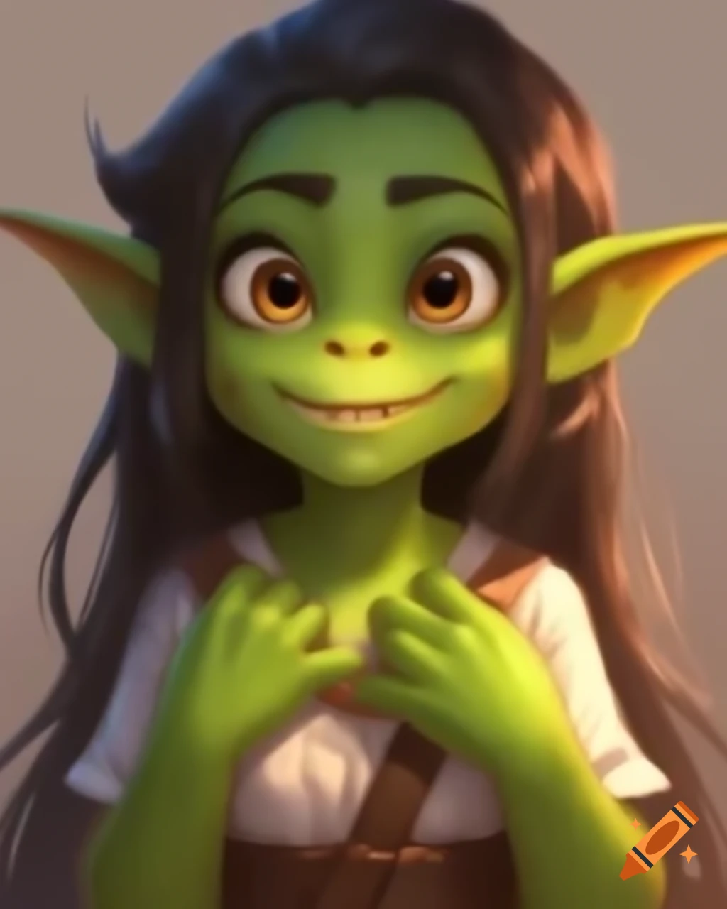 Green-skinned goblin girl winking playfully in anime style on Craiyon
