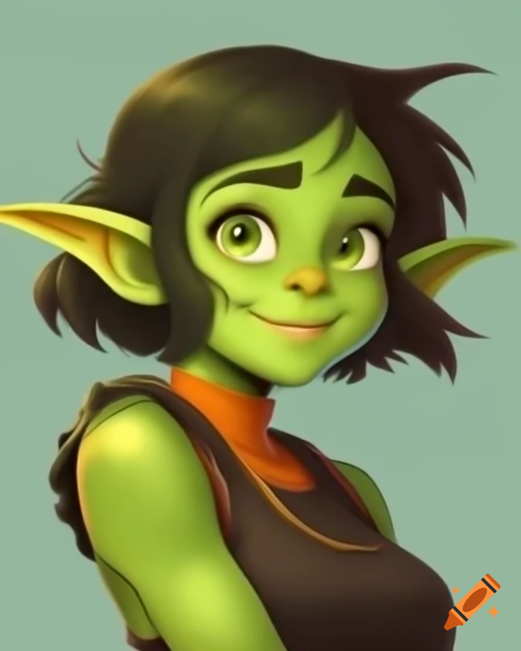Playful green-skinned goblin girl winking in anime style on Craiyon