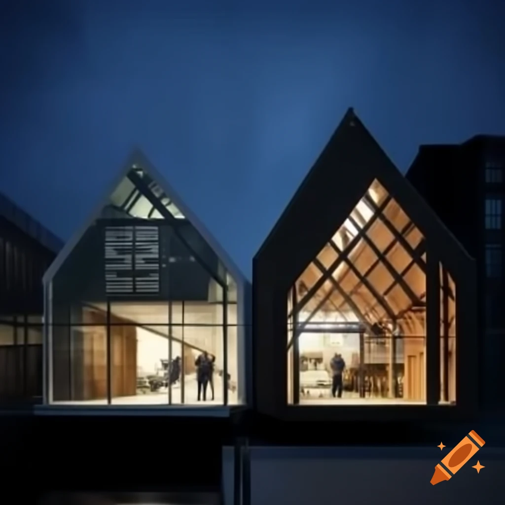 Three small gable end buildings of glass and timber slats styled like a ...