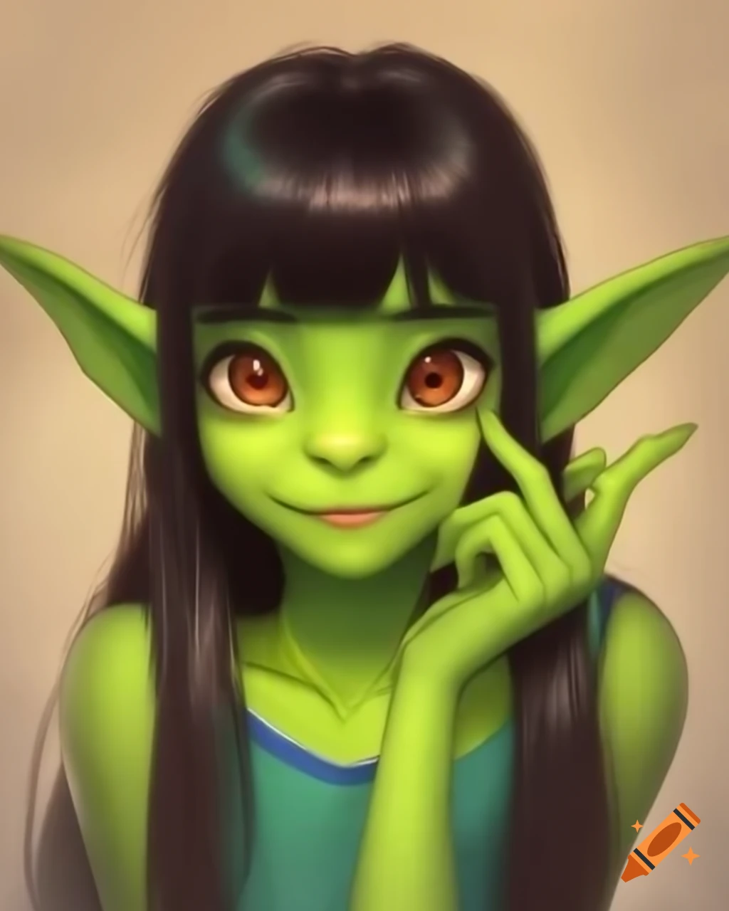Anime depiction of a playful green-skinned goblin girl winking on Craiyon