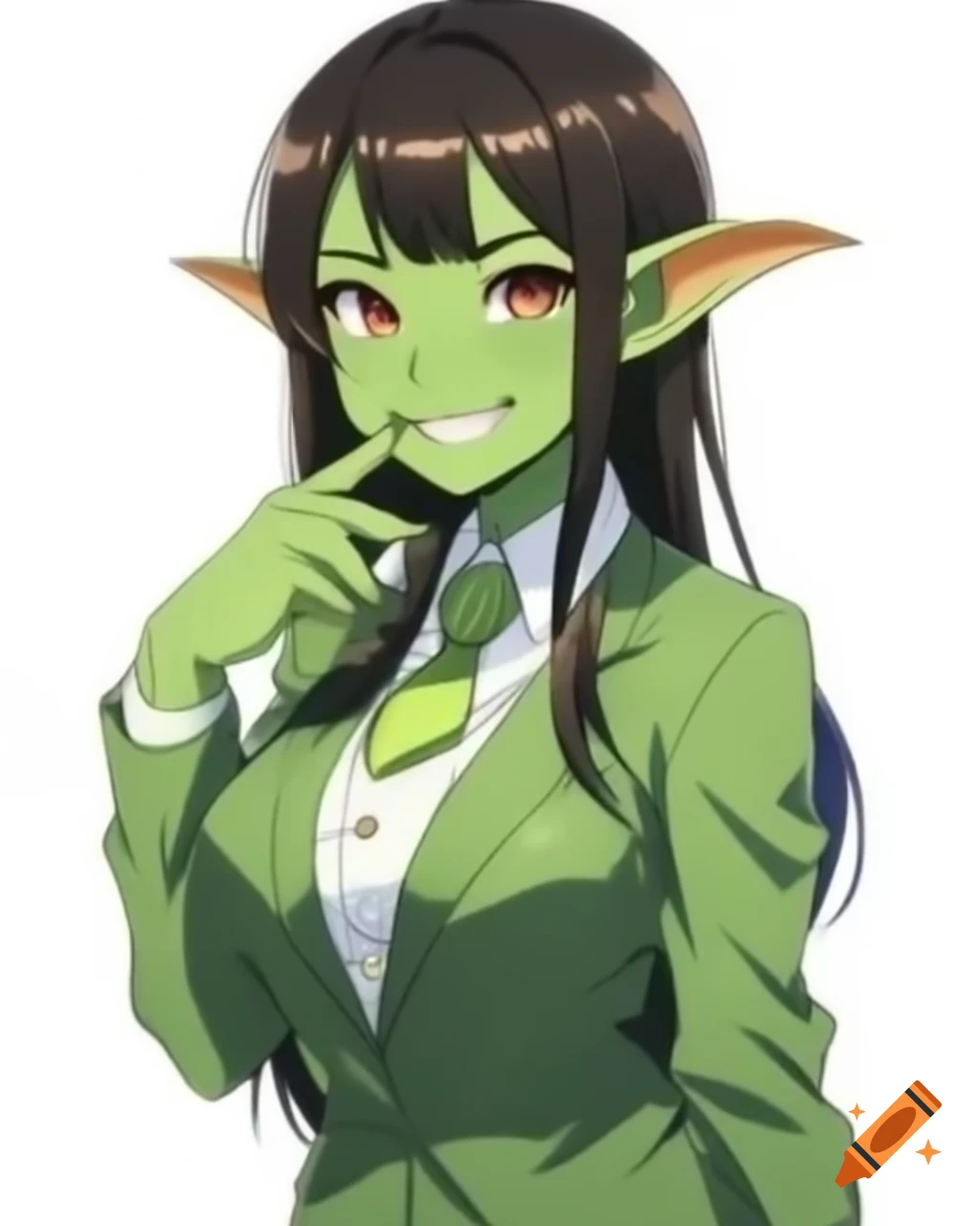 Professionally dressed green-skinned goblin girl winking playfully in ...