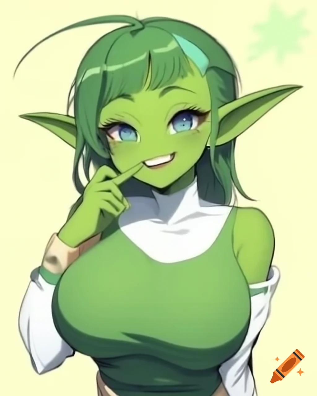 Playful green-skinned goblin girl winking in anime style on Craiyon