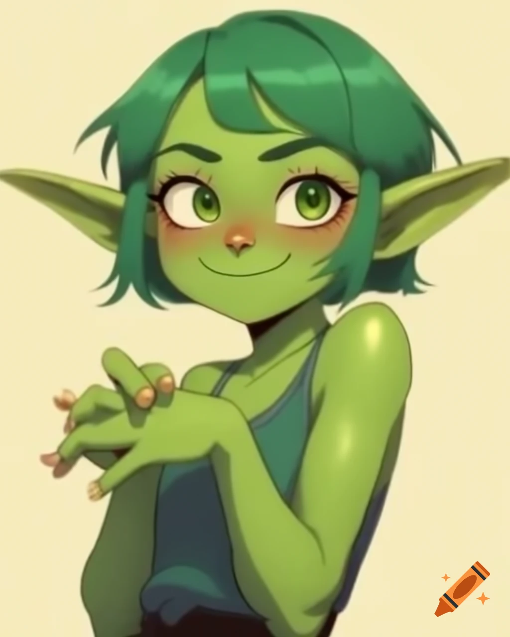 Green-skinned goblin girl winking playfully in anime style on Craiyon