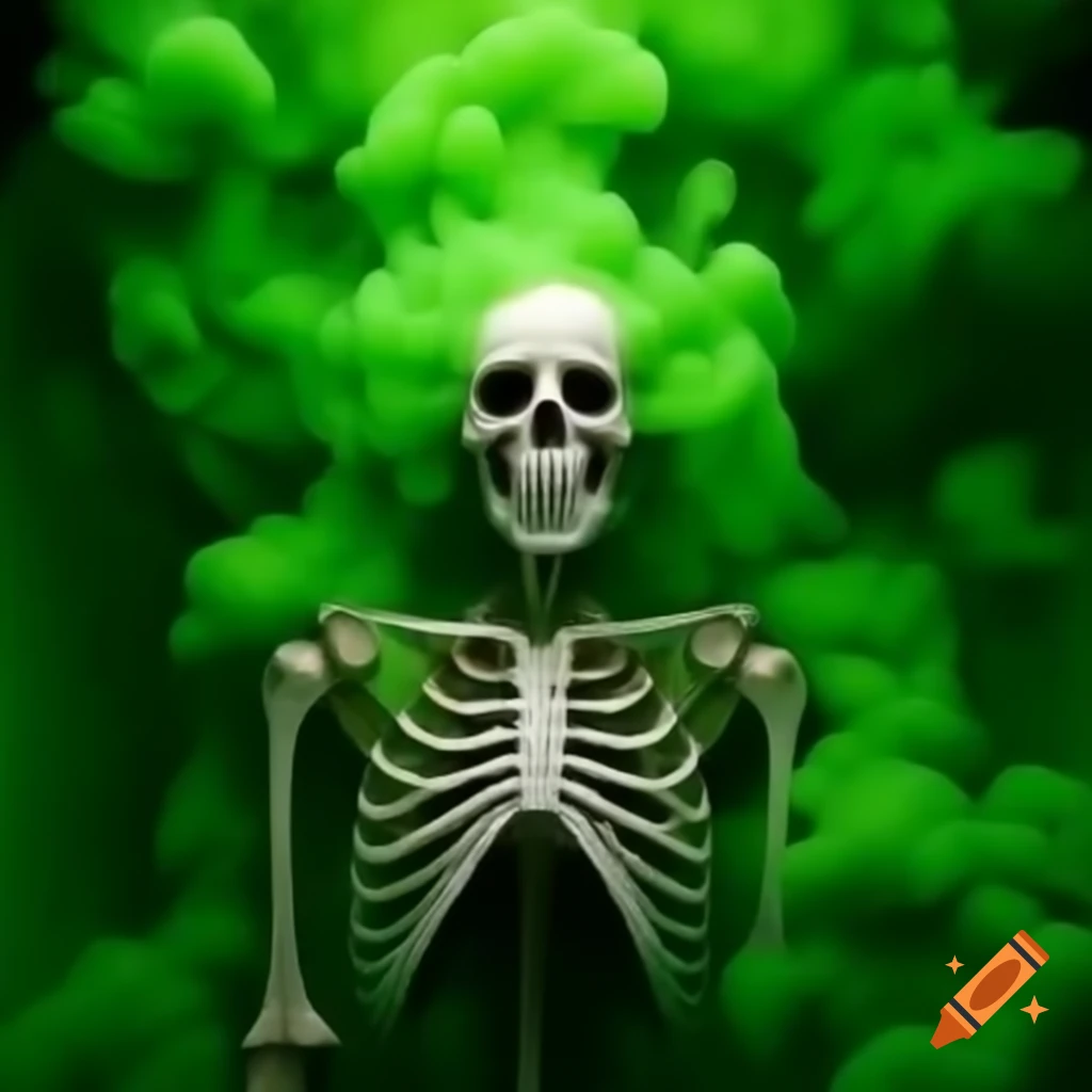 Skeleton surrounded by toxic green fumes and vapors on Craiyon