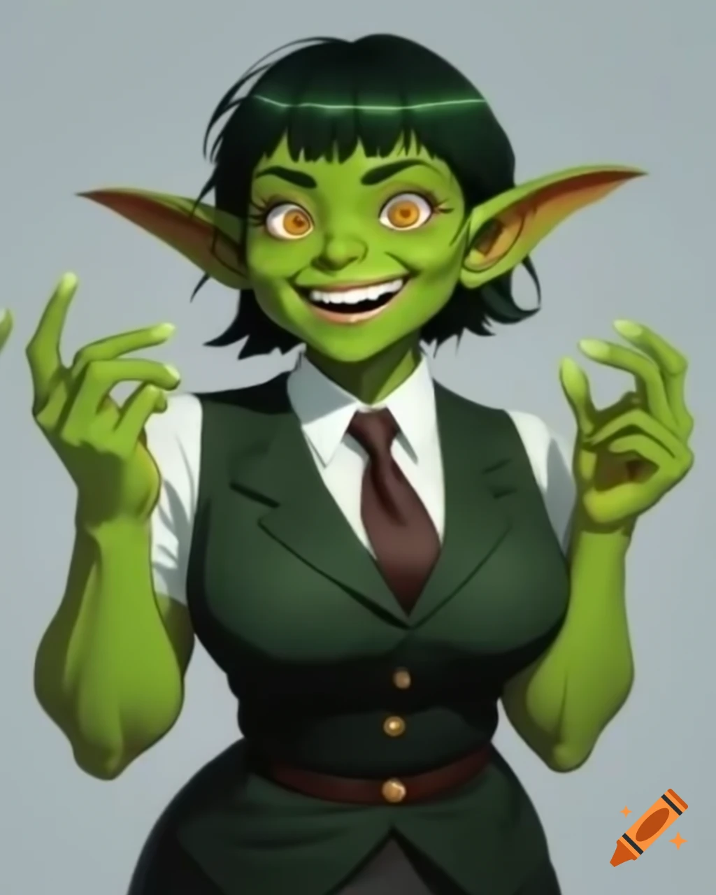 Professionally dressed green-skinned goblin girl winking playfully in ...