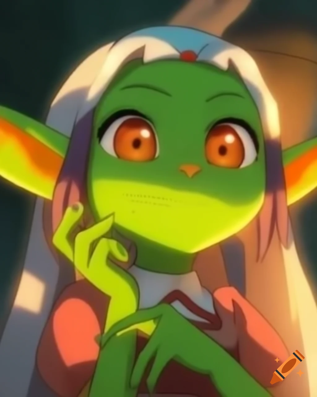 Anime Greek goblin girl with green skin winking playfully on Craiyon