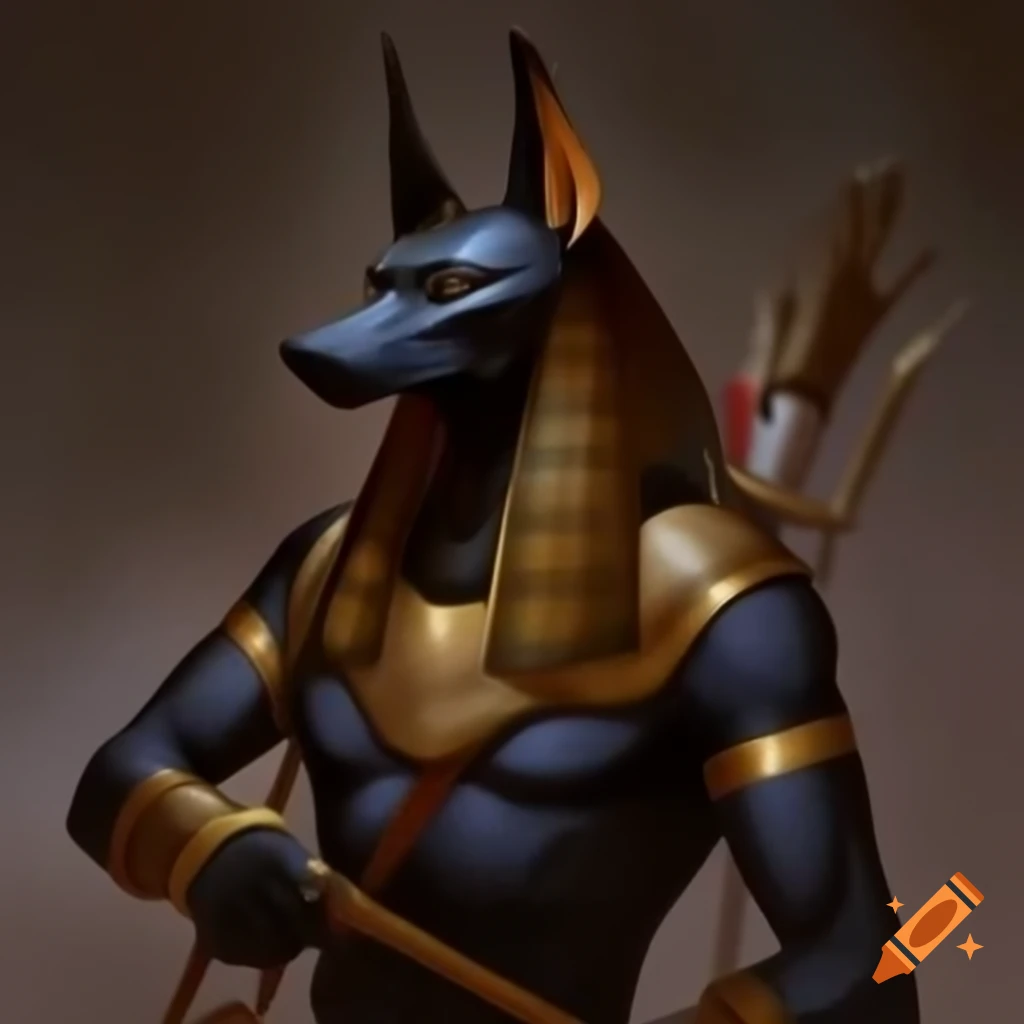Man with Anubis features holding bow and arrow in gold leather armor on ...