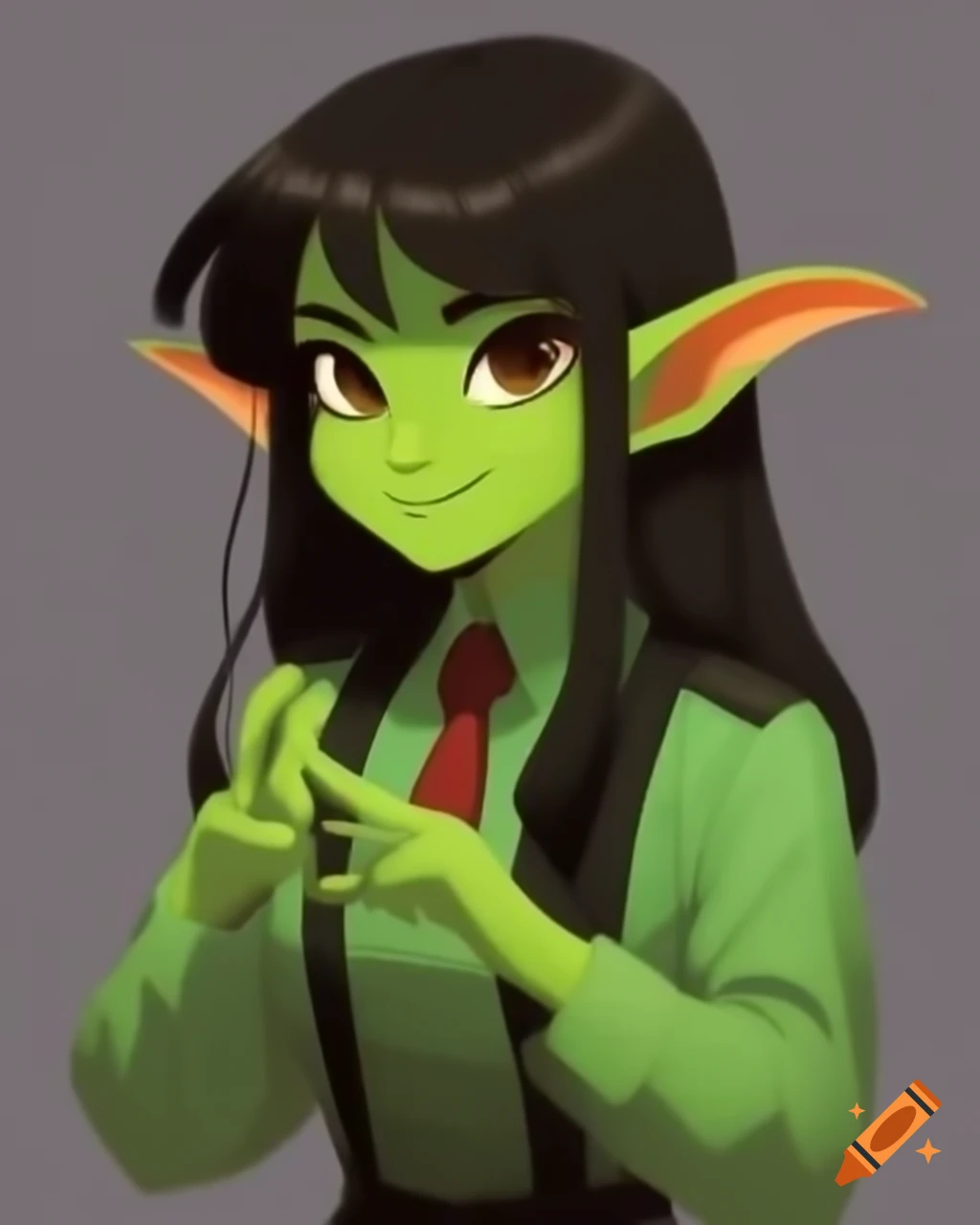 Professionally dressed green-skinned goblin girl winking playfully in ...