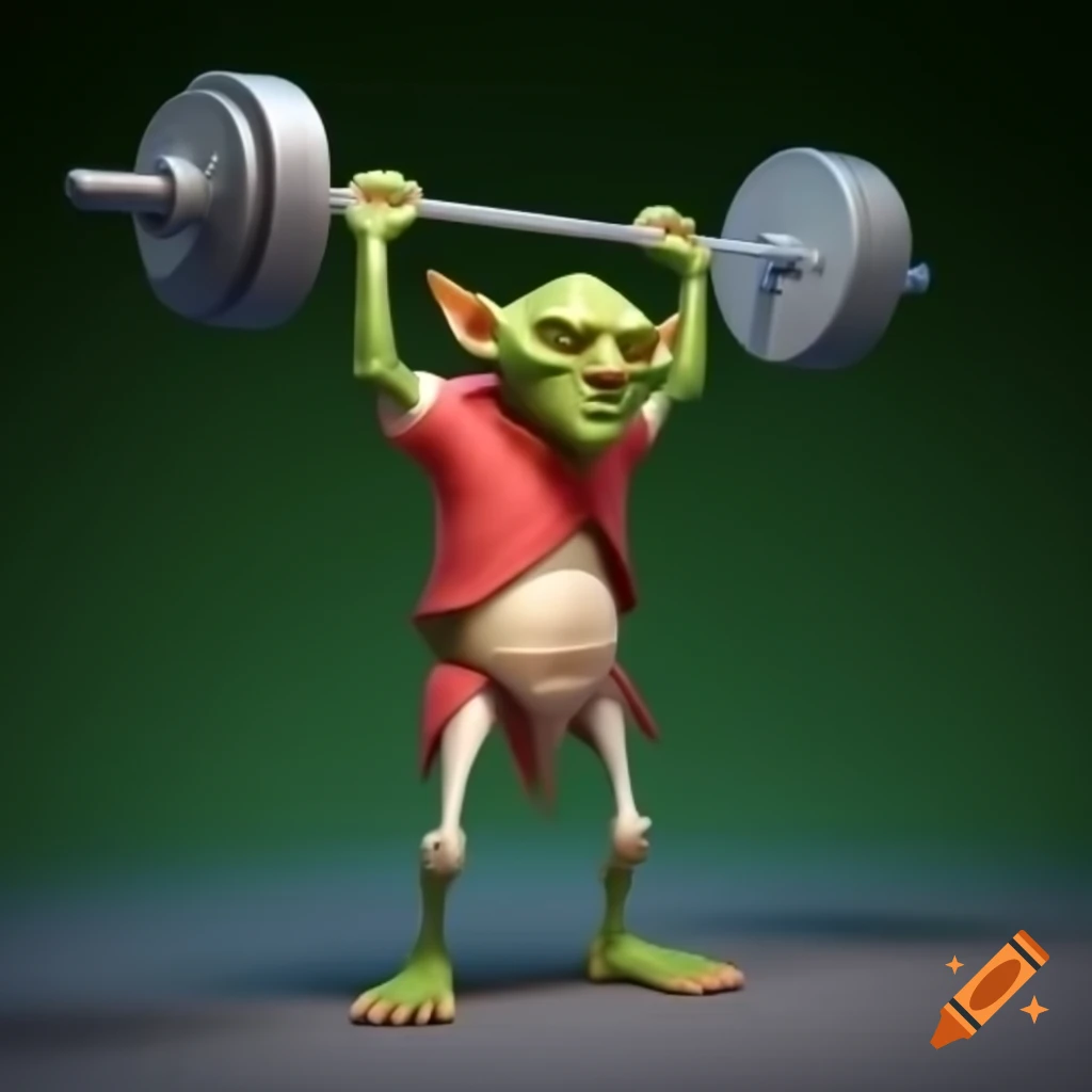 Cartoon goblin mascot lifting barbell, emphasizing posture in body ...