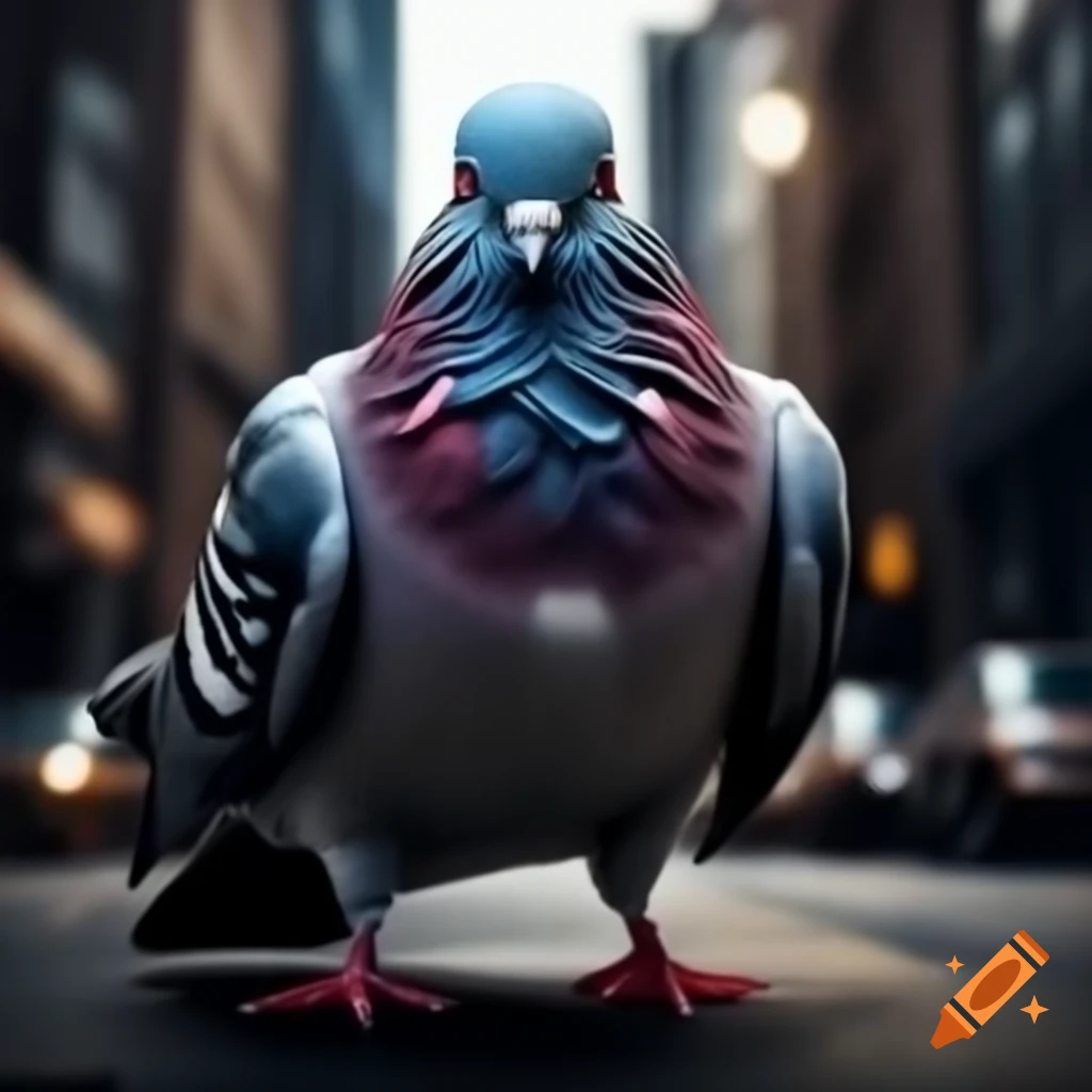 Humanoid pigeon in modern clothes standing in urban street, cinematic ...