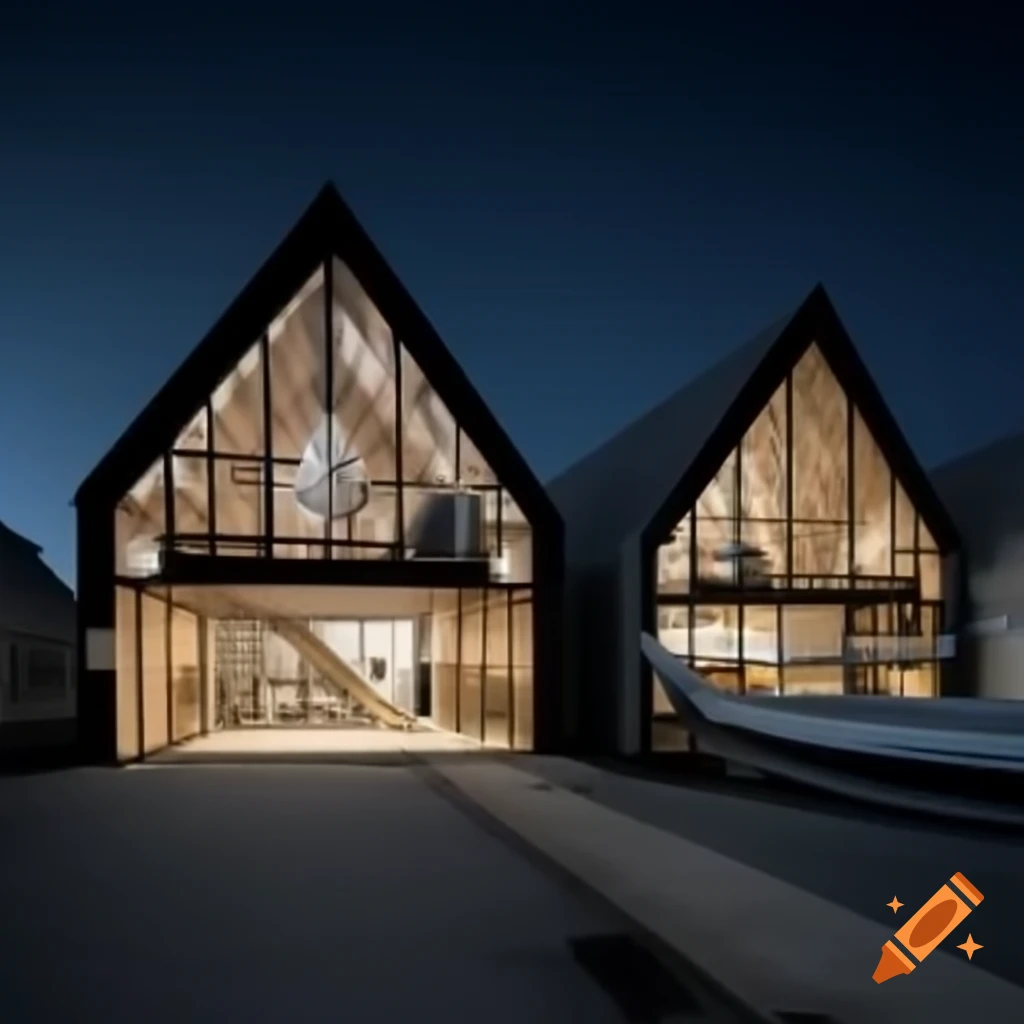 Night view of gable end buildings with glass and timber slats ...