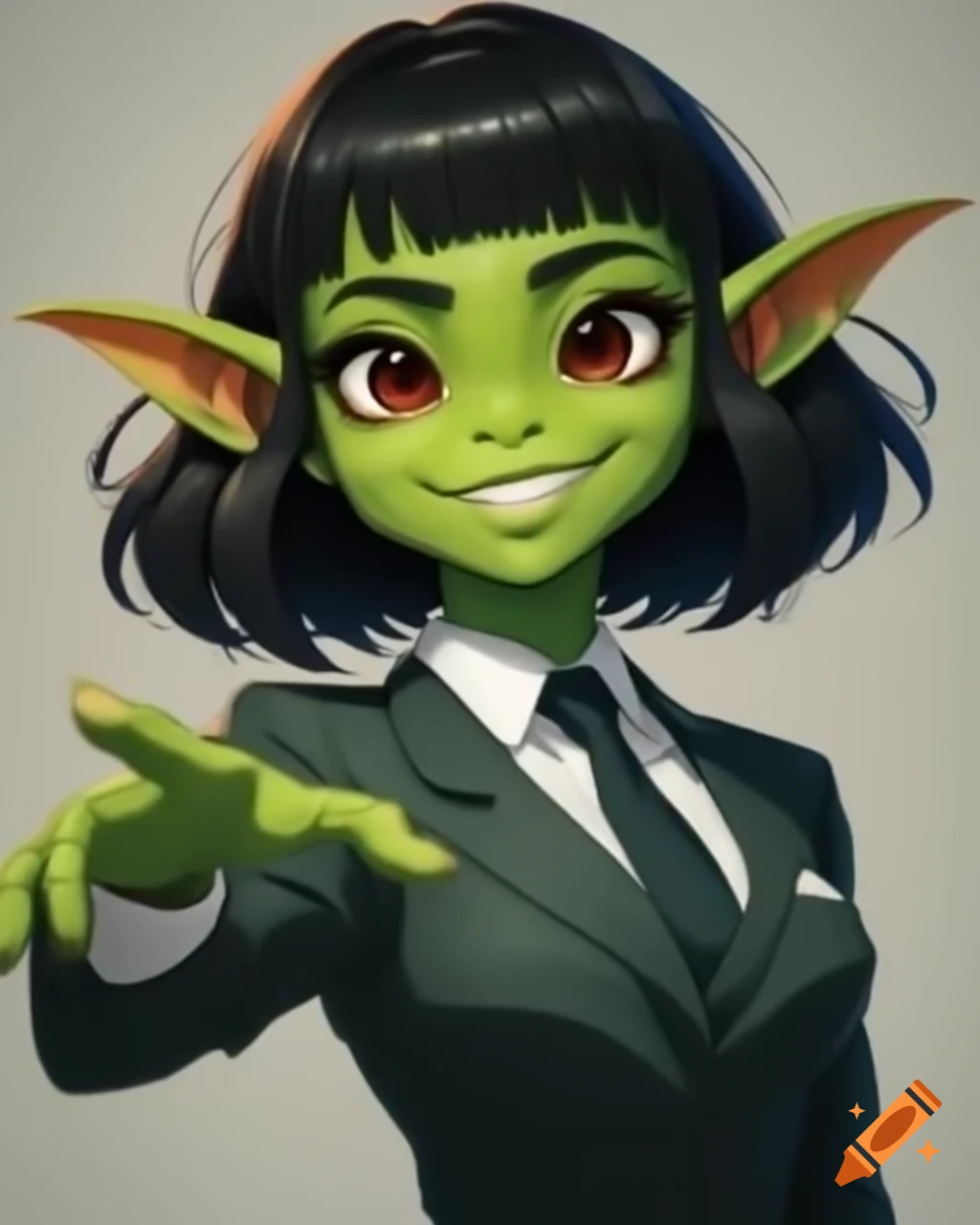 Professionally dressed green-skinned goblin girl winking playfully in ...