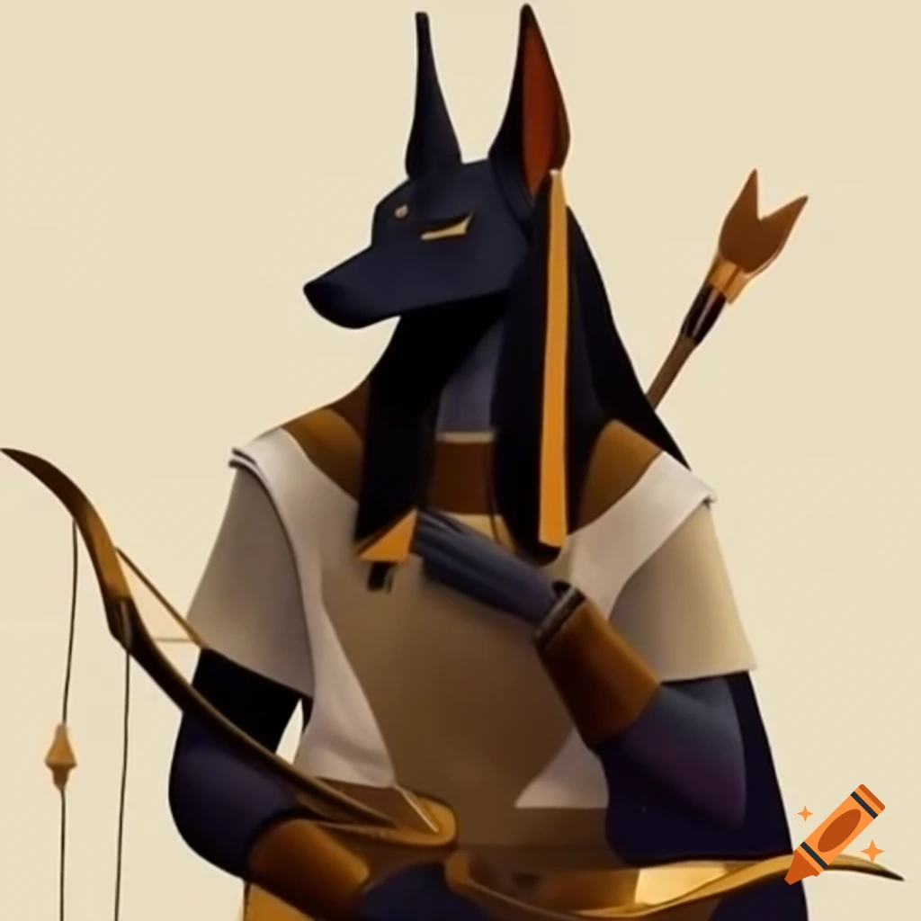 Man with Anubis features holding bow and arrow in gold leather armor on ...