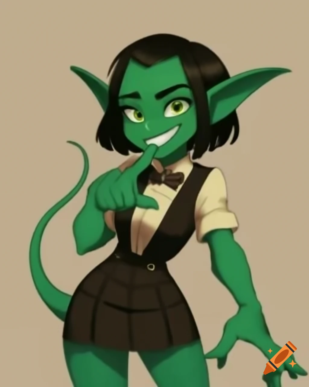 Professionally dressed green-skinned goblin girl winking playfully ...