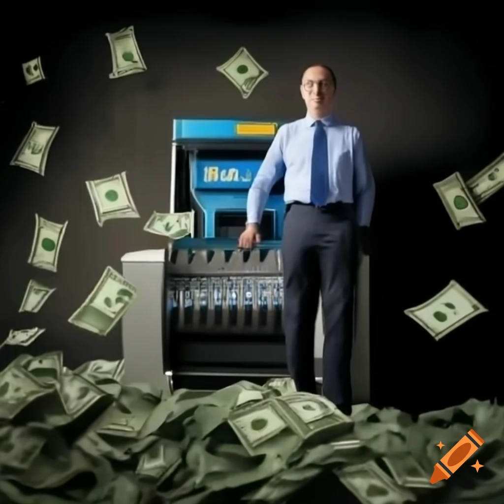 Man beside cash machine overflowing with banknotes on Craiyon