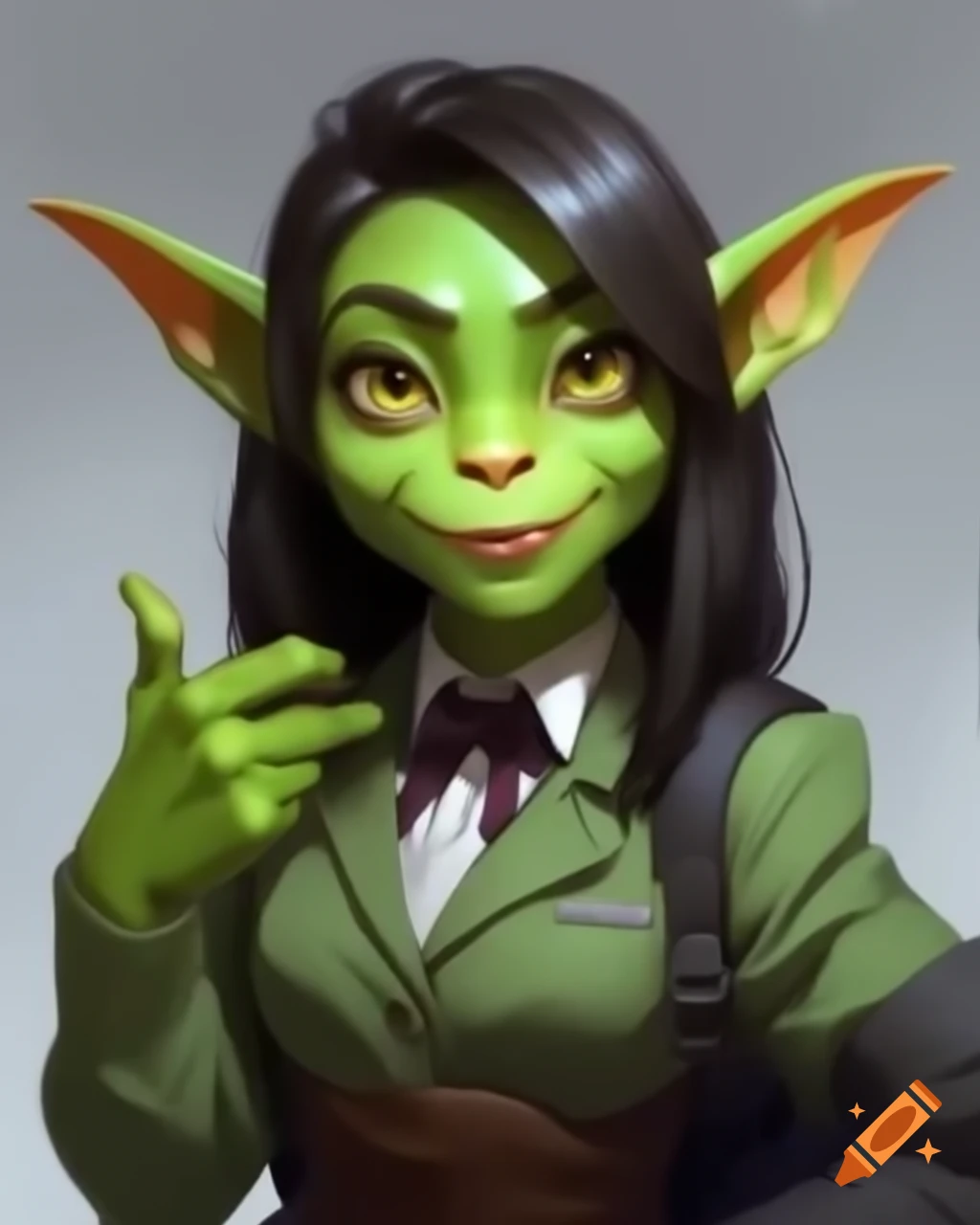 Professionally dressed green-skinned goblin girl winking playfully in ...