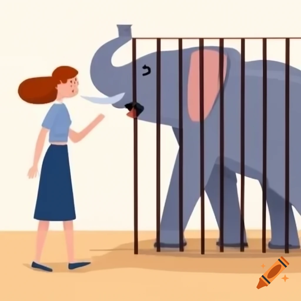 Woman petting elephant at zoo with bars, illustrated on Craiyon