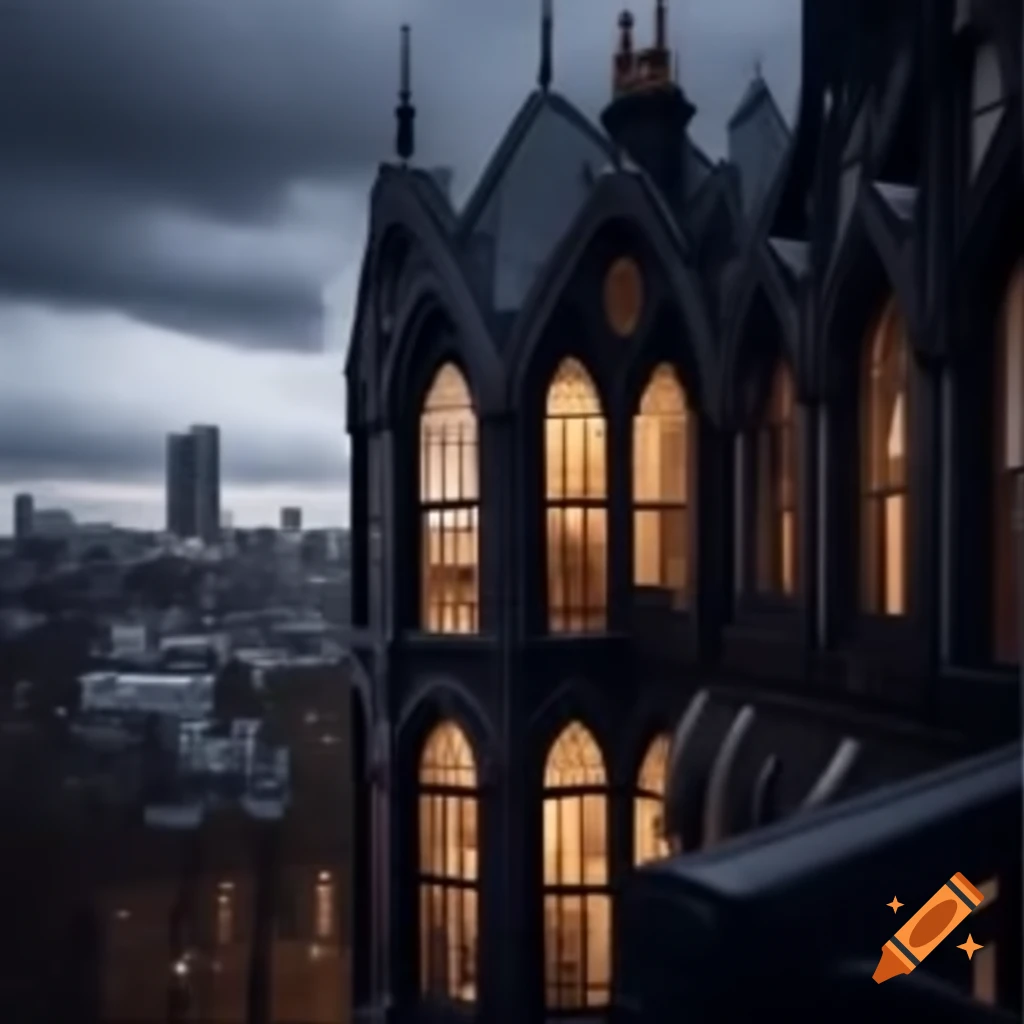 Modern gothic high-rise apartment in London with arched black windows ...