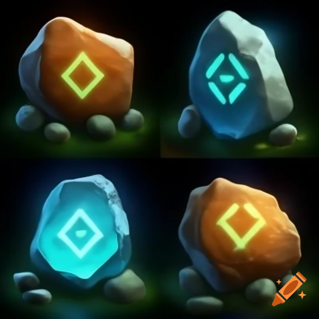 Four glowing runes on stones in various colors: orange, green, blue ...